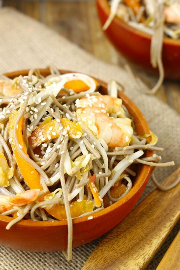 Cold Sesame Ginger Soba Noodle Salad with Shrimp
